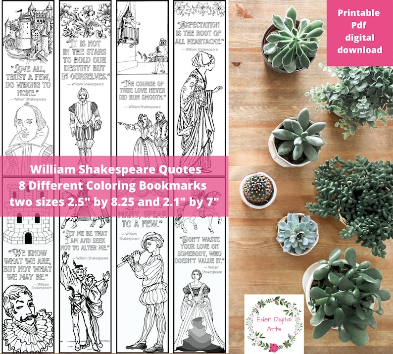 Shakespeare Quotes 8 Coloring Bookmarks Literary DIY Gift - Etsy