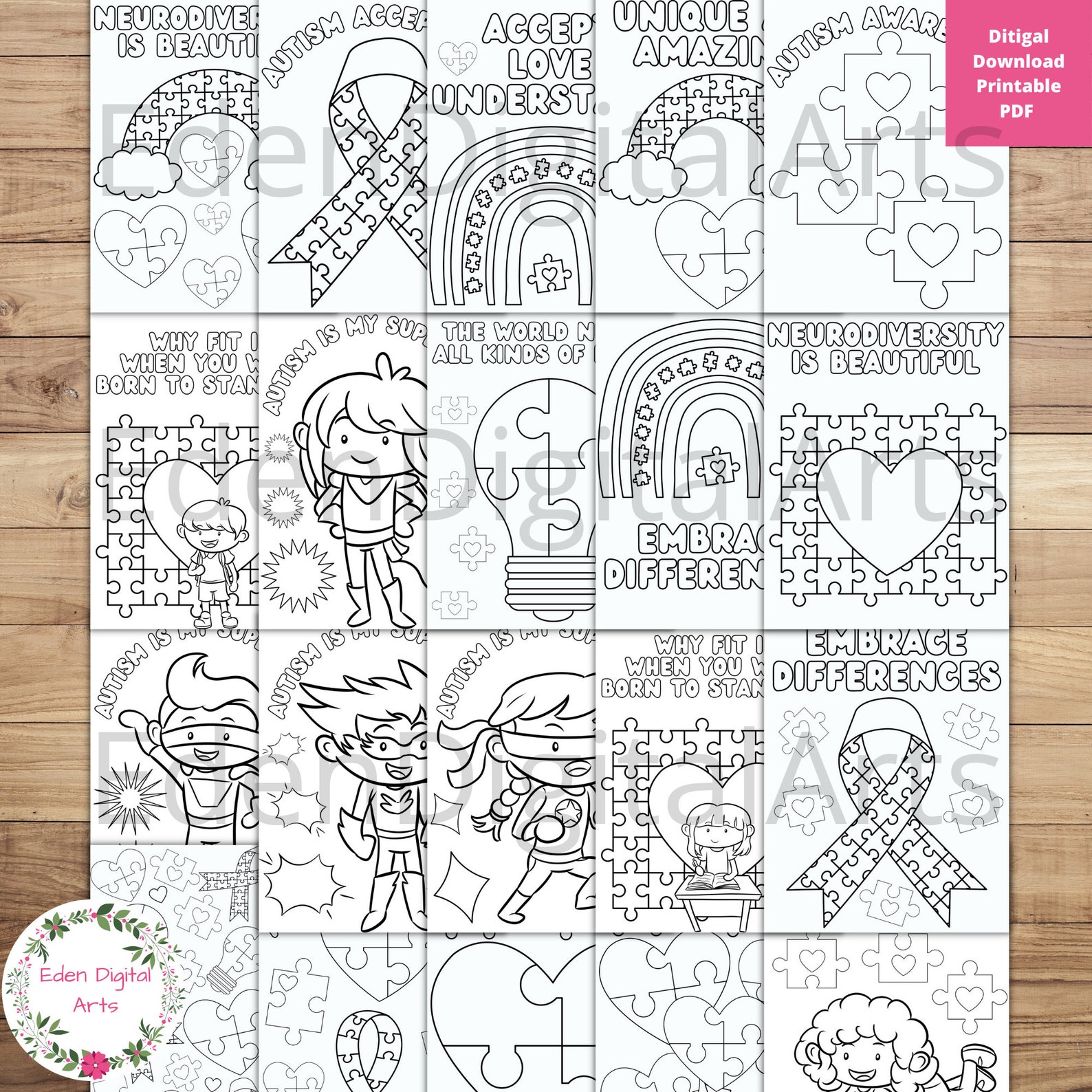 Autism Acceptance Support Love 20 Coloring Pages Autistic | Etsy