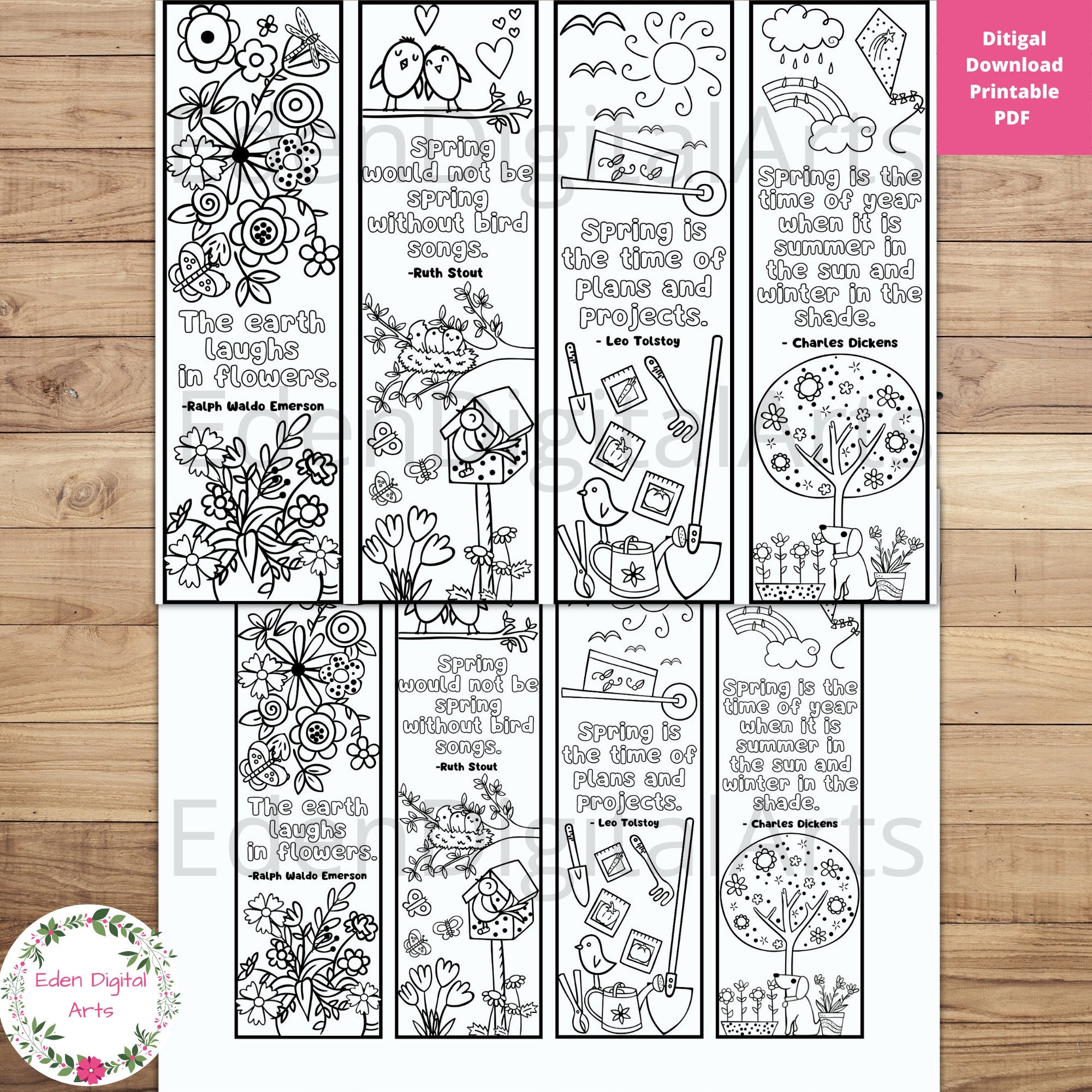 Literary Spring Quotes Coloring Bookmarks Gardner DIY Cards - Etsy
