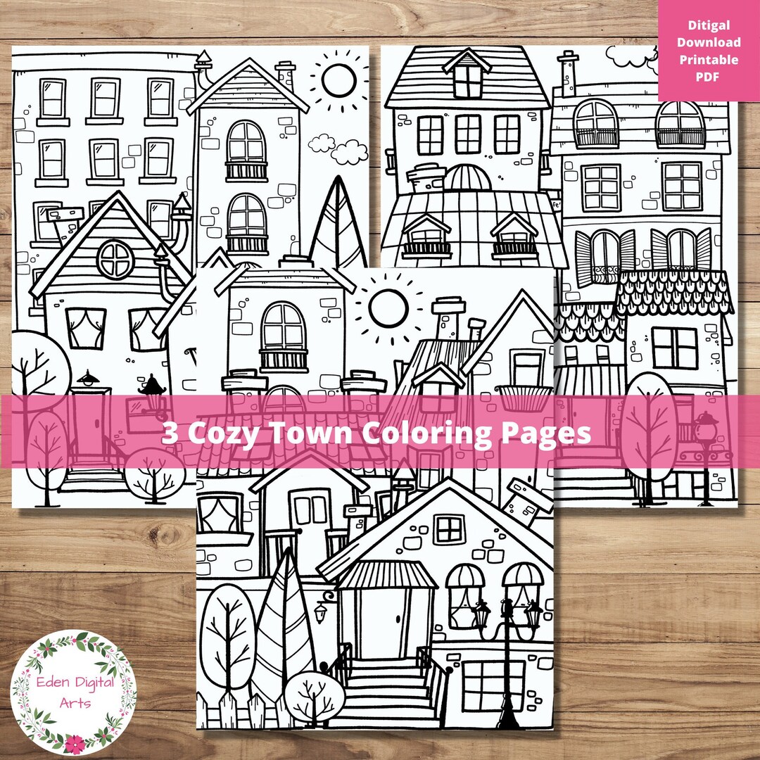 Cozy Town Homes 3 Coloring Pages Real Estate Kids Activity - Etsy