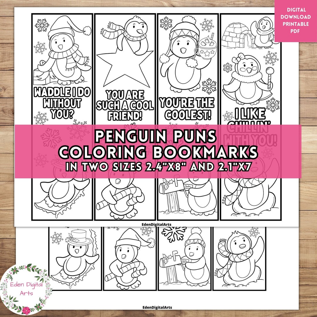 Cute Penguins Pun Bookmarks to Color, Kids Party Favors Classroom ...