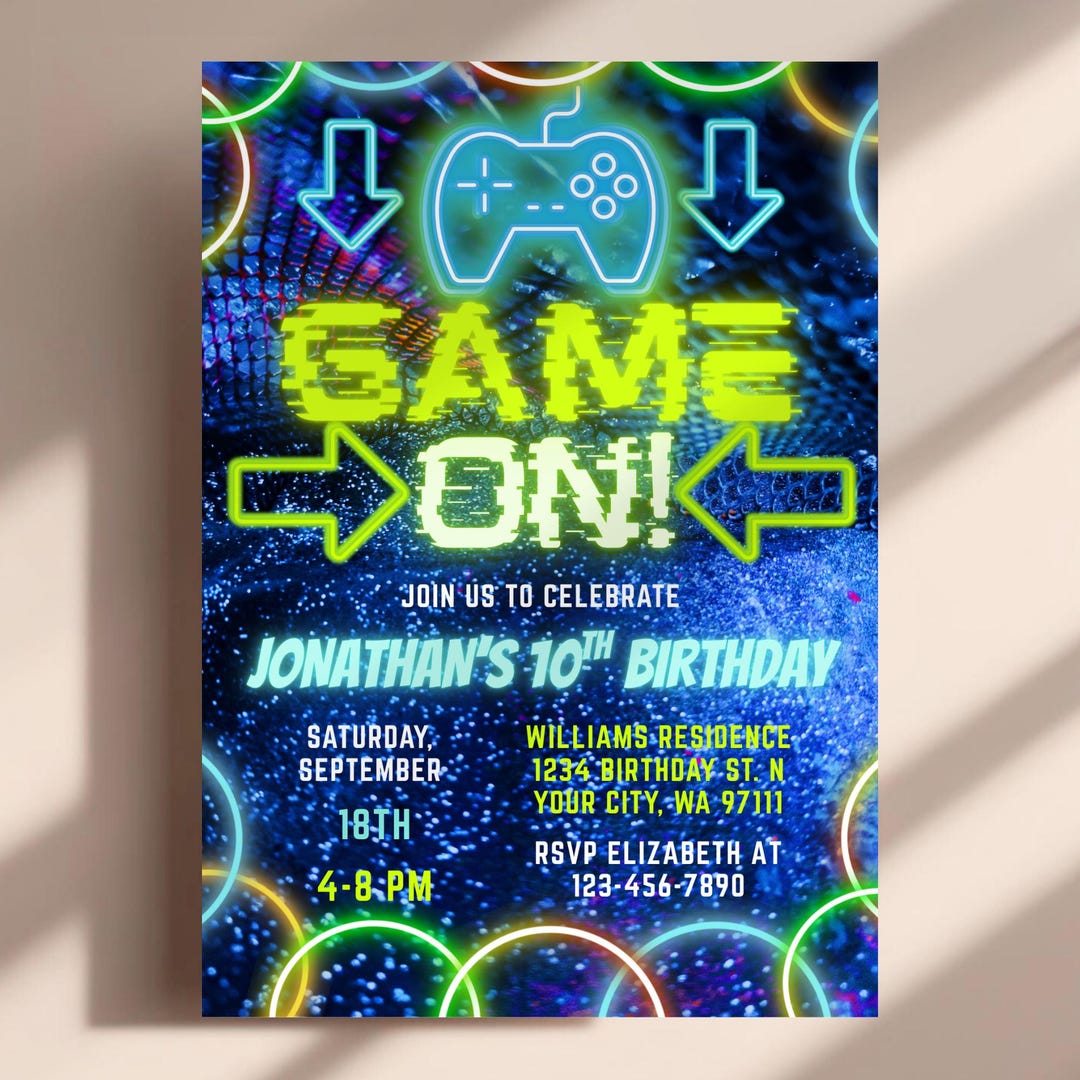 Video Game Birthday Party Invitation Template Neon Glow Boys Game on ...