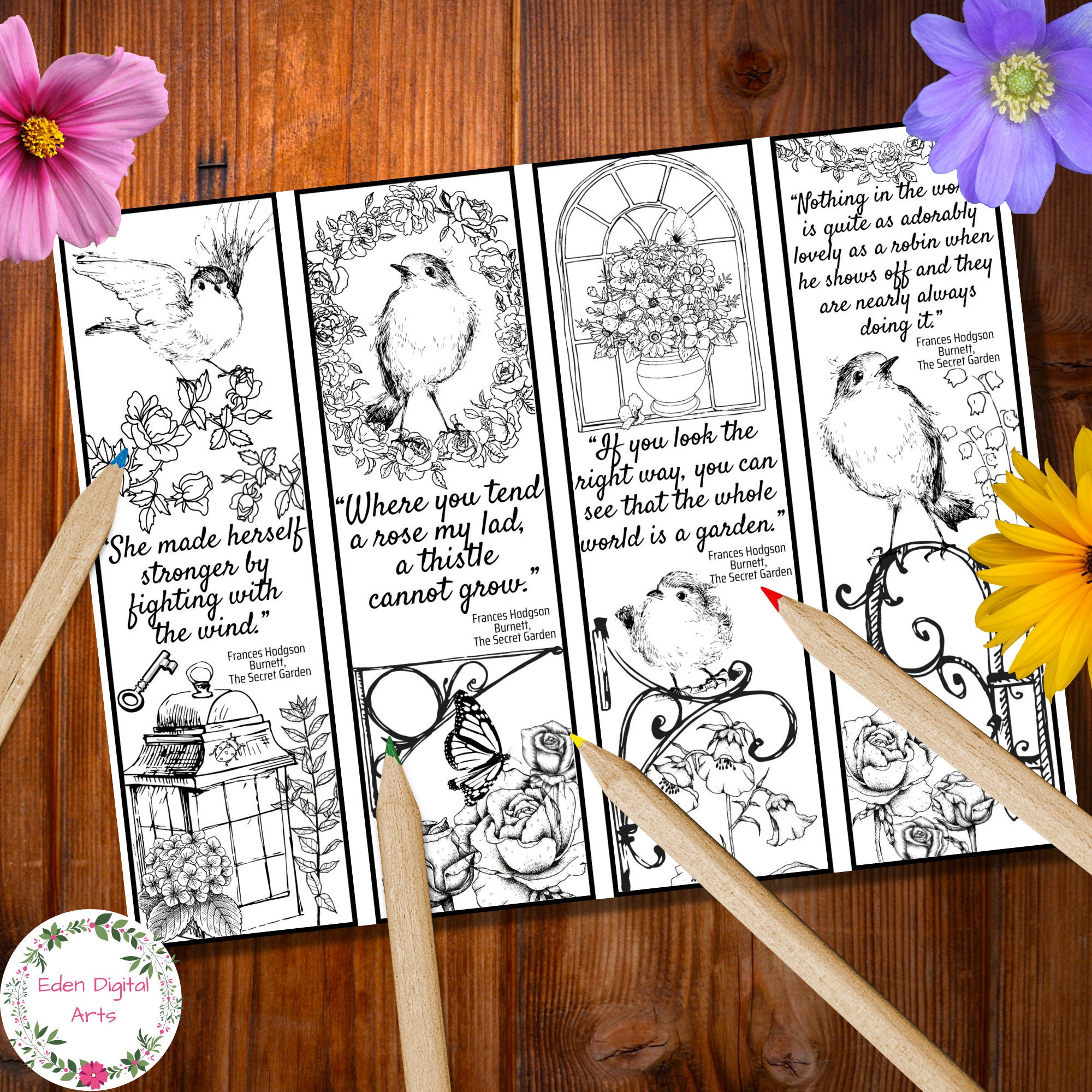 Secret Garden Quotes Coloring Bookmarks With Birds & Flowers - Etsy