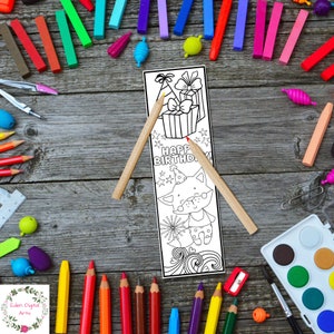 Happy Birthday Party Coloring Bookmarks for Kids, Cute Animals & Decor ...