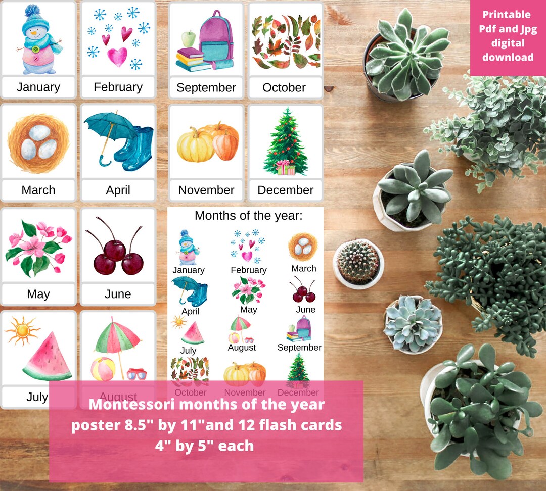 Watercolor Nature Months Flashcards for Kids Seasons Poster - Etsy
