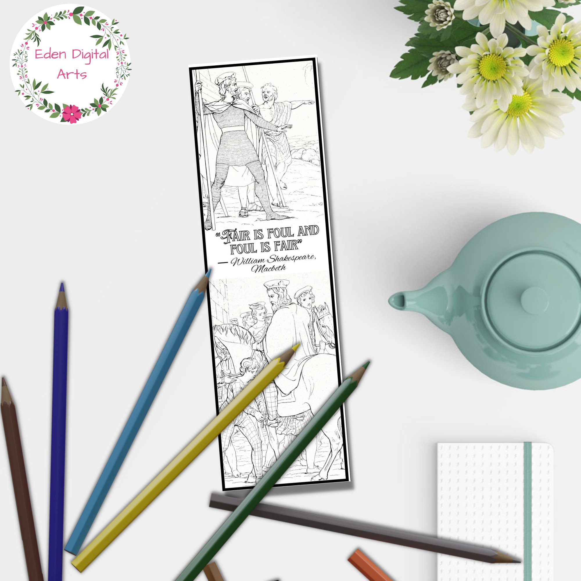 Macbeth Shakespeare Quotes Coloring Bookmarks, Literary DIY Gift Tag or ...