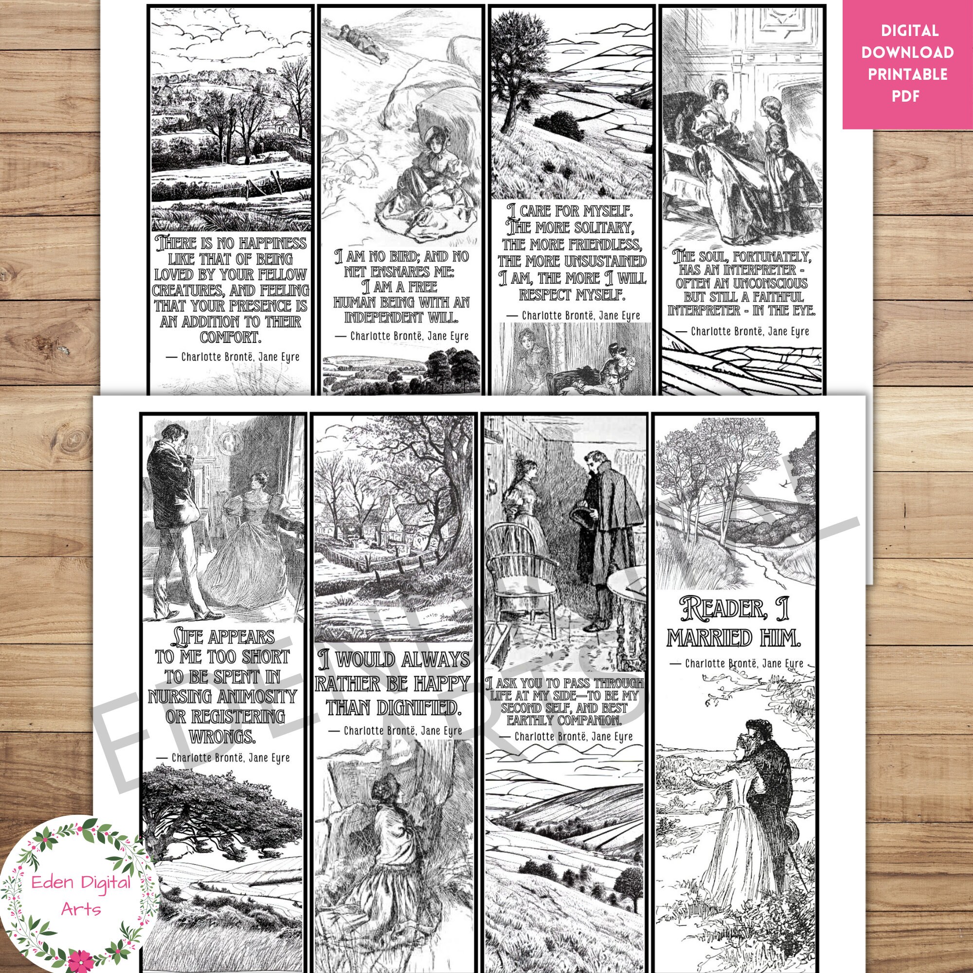 Jane Eyre Coloring Bookmarks Quotes by Charlotte Bronte DIY Literary ...