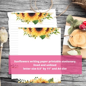Sunflowers Writing Paper Printable Stationary Lined and Blank, A4 & Letter 4 PDF Pages, Journal ...