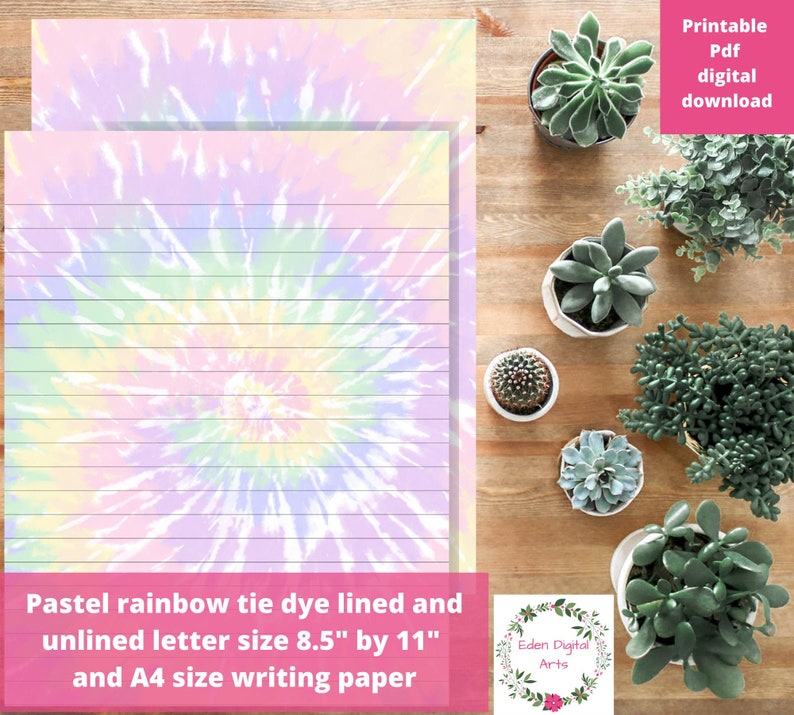 Rainbow Tie Dye Writing Paper Printable Stationary Lined and Blank A4 ...