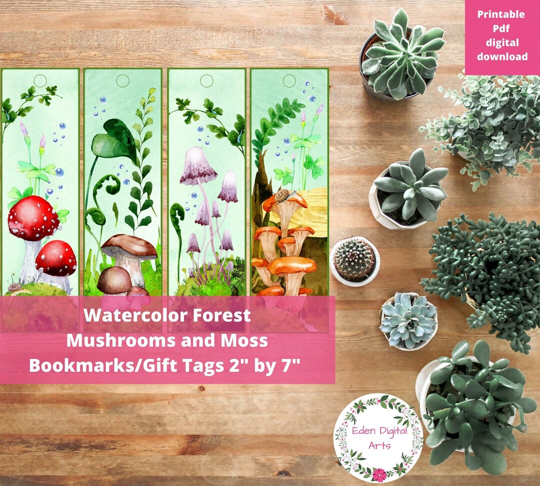 Forest Mushrooms & Moss Bookmarks Set, Watercolor Painted Aesthetic ...