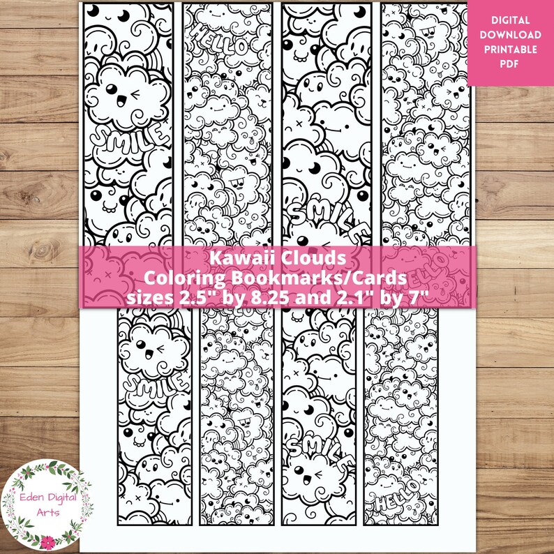 Cute Happy Kawaii Clouds Coloring Bookmarks Classroom Party Craft ...