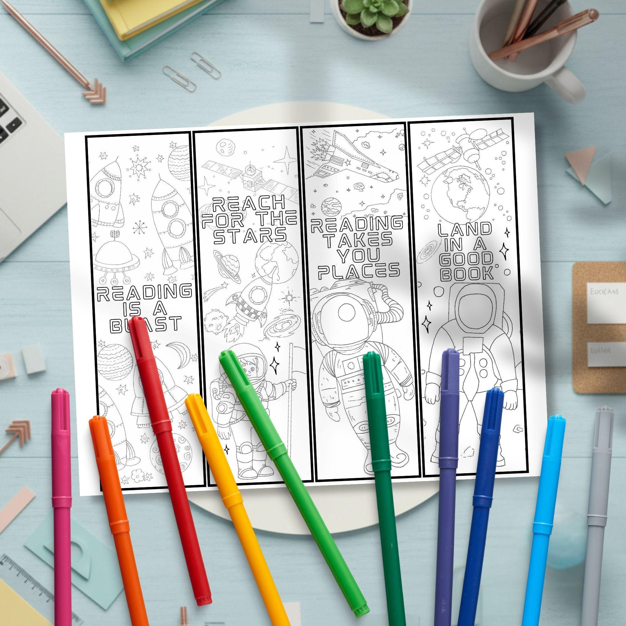Space Theme Coloring Bookmarks Party Favors Astronauts Spaceships Craft ...