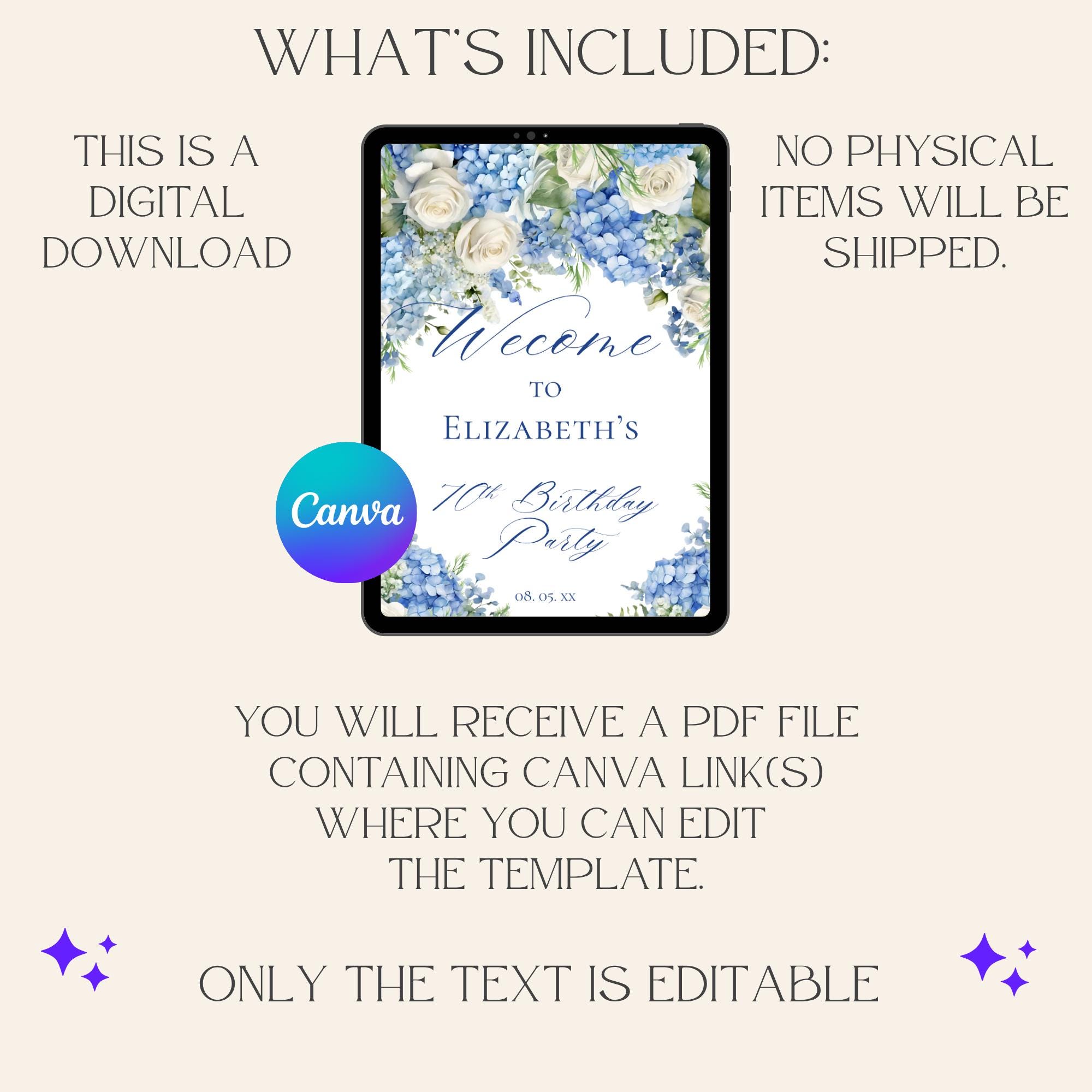 Elegant Blue Hydrangea Welcome Sign Template Editable Watercolor Floral ...