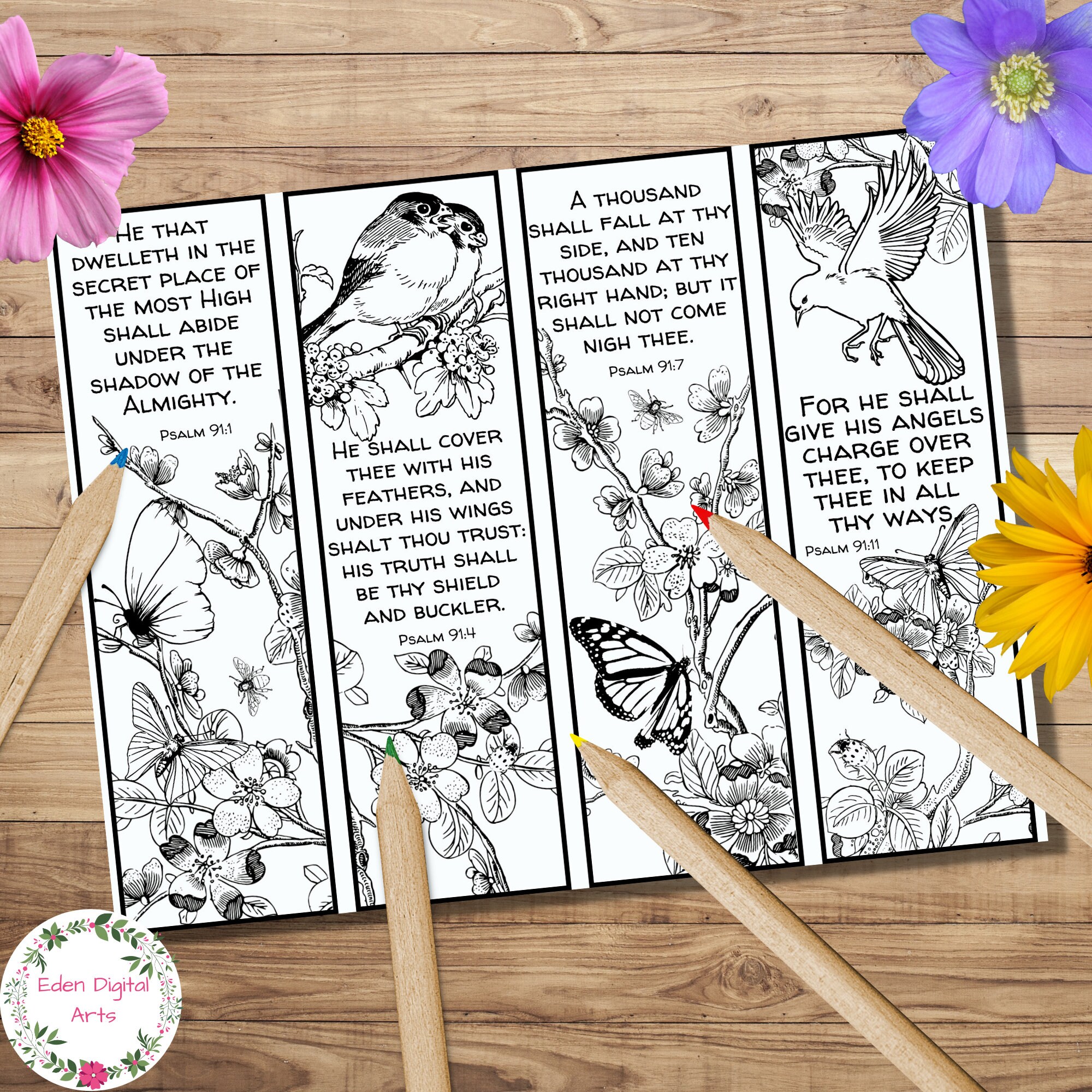 Psalm 91 KJV Bible Verse Coloring Bookmarks Birds Floral | Etsy