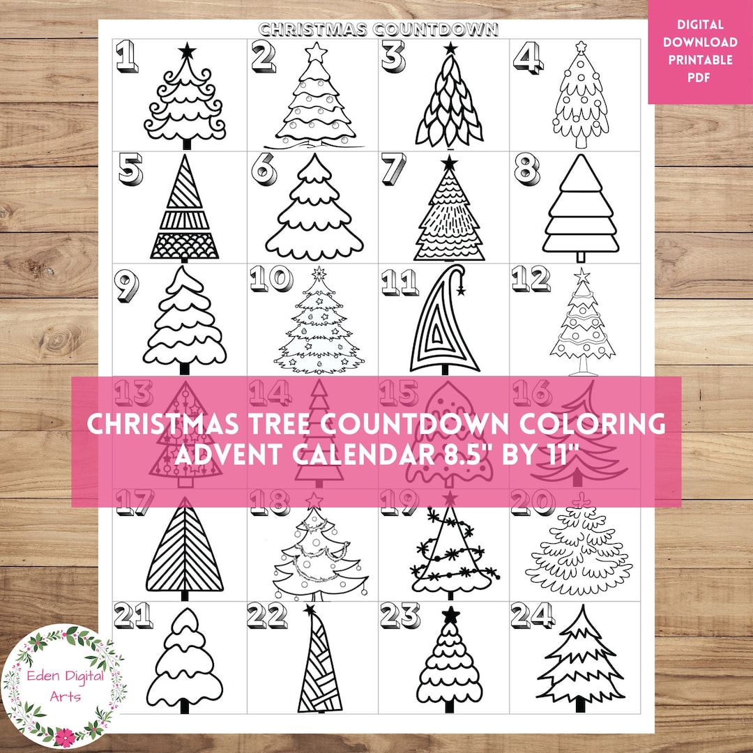 Christmas Countdown Trees Coloring Calendar for Kids and Adults, Advent ...