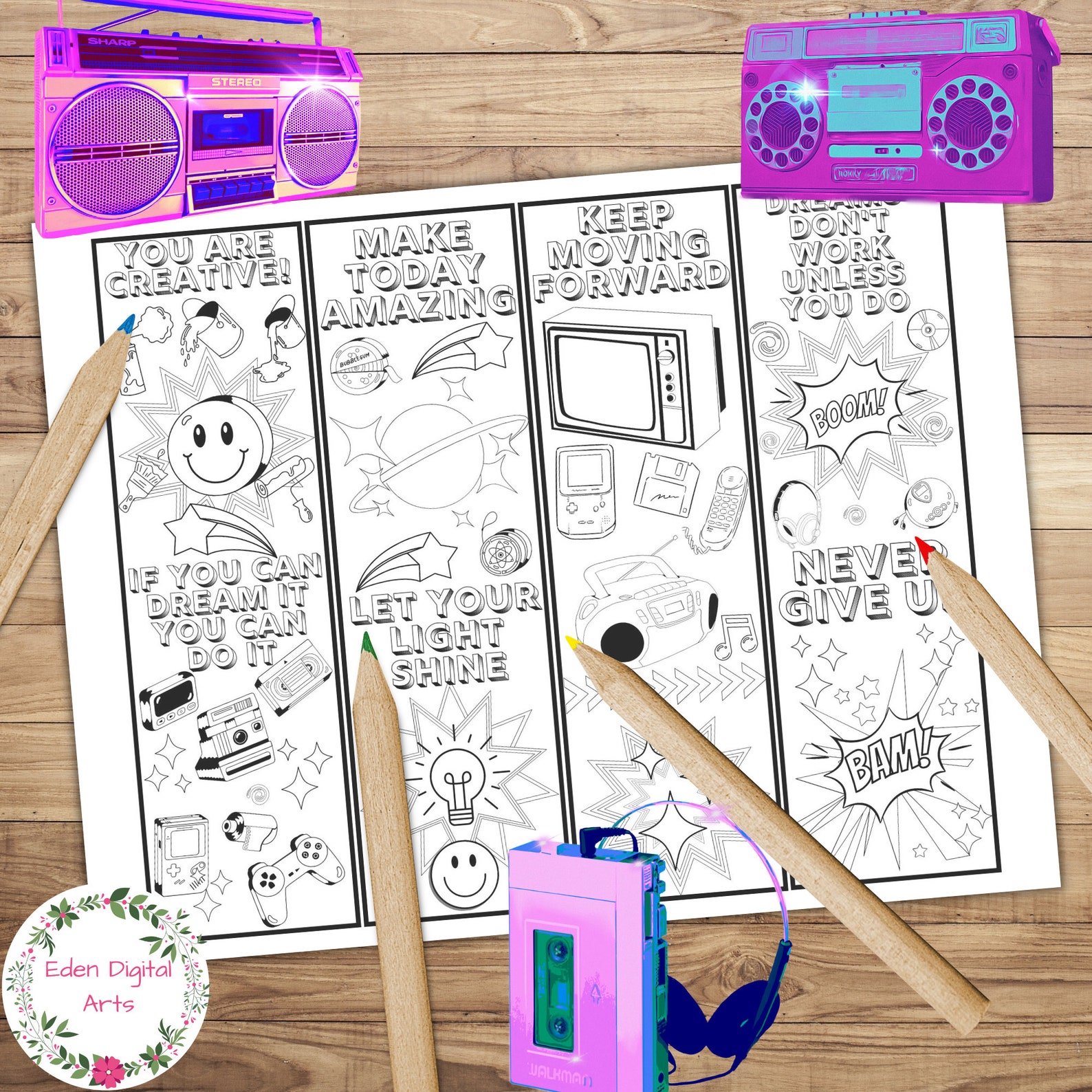 Retro 80s 90s Coloring Bookmarks Comics Pop Art Party Favors Classroom ...