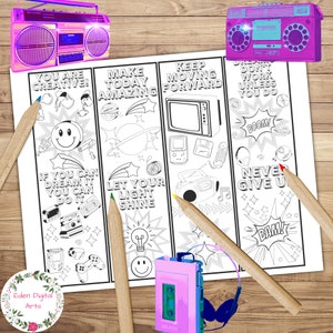 Retro 80s 90s Coloring Bookmarks, Comics Pop Art Colouring Positive ...
