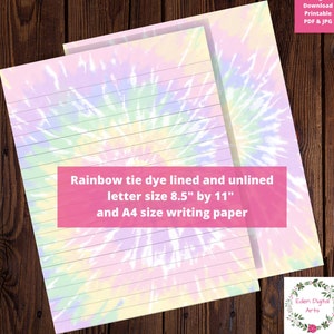 Rainbow Tie Dye Writing Paper Printable Stationary Lined and Blank A4 ...