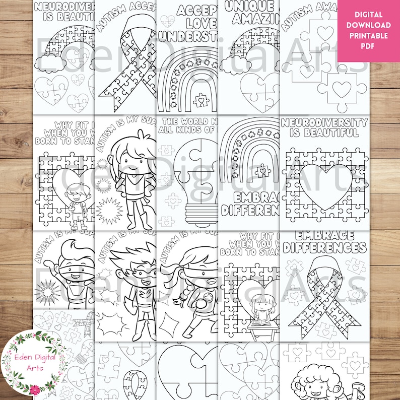Autism Acceptance Support Love 20 Coloring Pages, Autistic Kids Parents ...