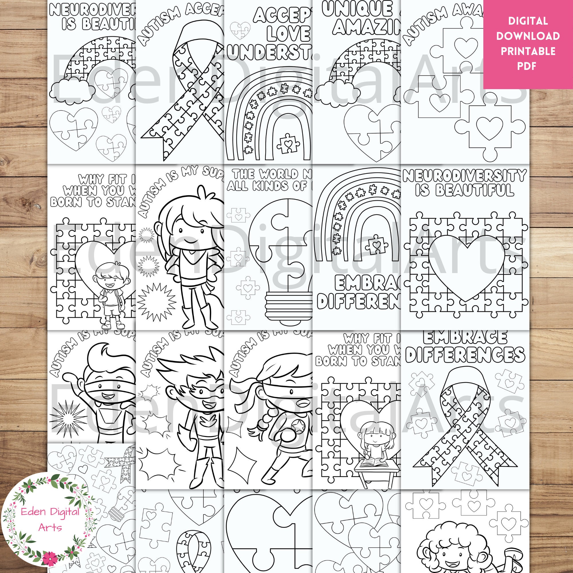 Autism Acceptance Support Love 20 Coloring Pages, Autistic Kids Parents ...