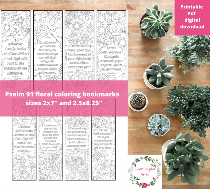 Psalm 91 Coloring Bible Verse Bookmarks Printable Floral Scripture ...