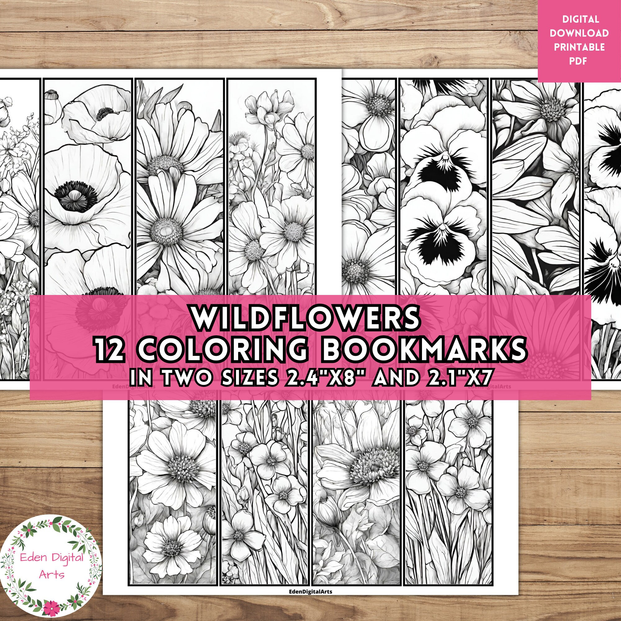 Wild Flowers Coloring Bookmarks Floral Close up Relaxing Botanical ...
