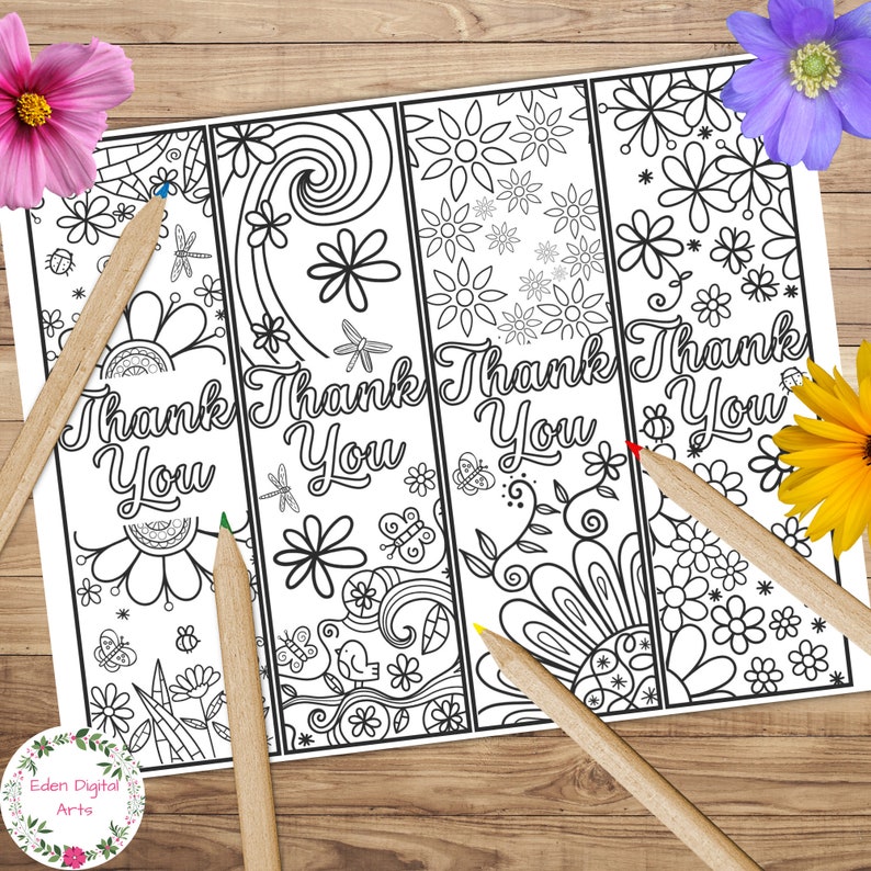 Thank You Coloring Bookmarks With Flowers Whimsical Floral - Etsy