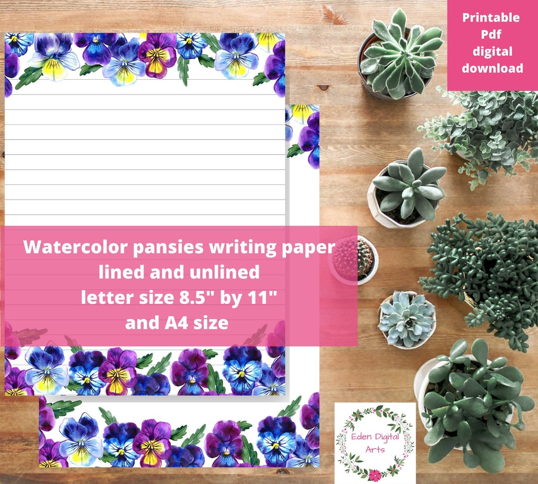 Pansy Flowers Writing Paper Printable Stationery Lined and Blank, A4 ...