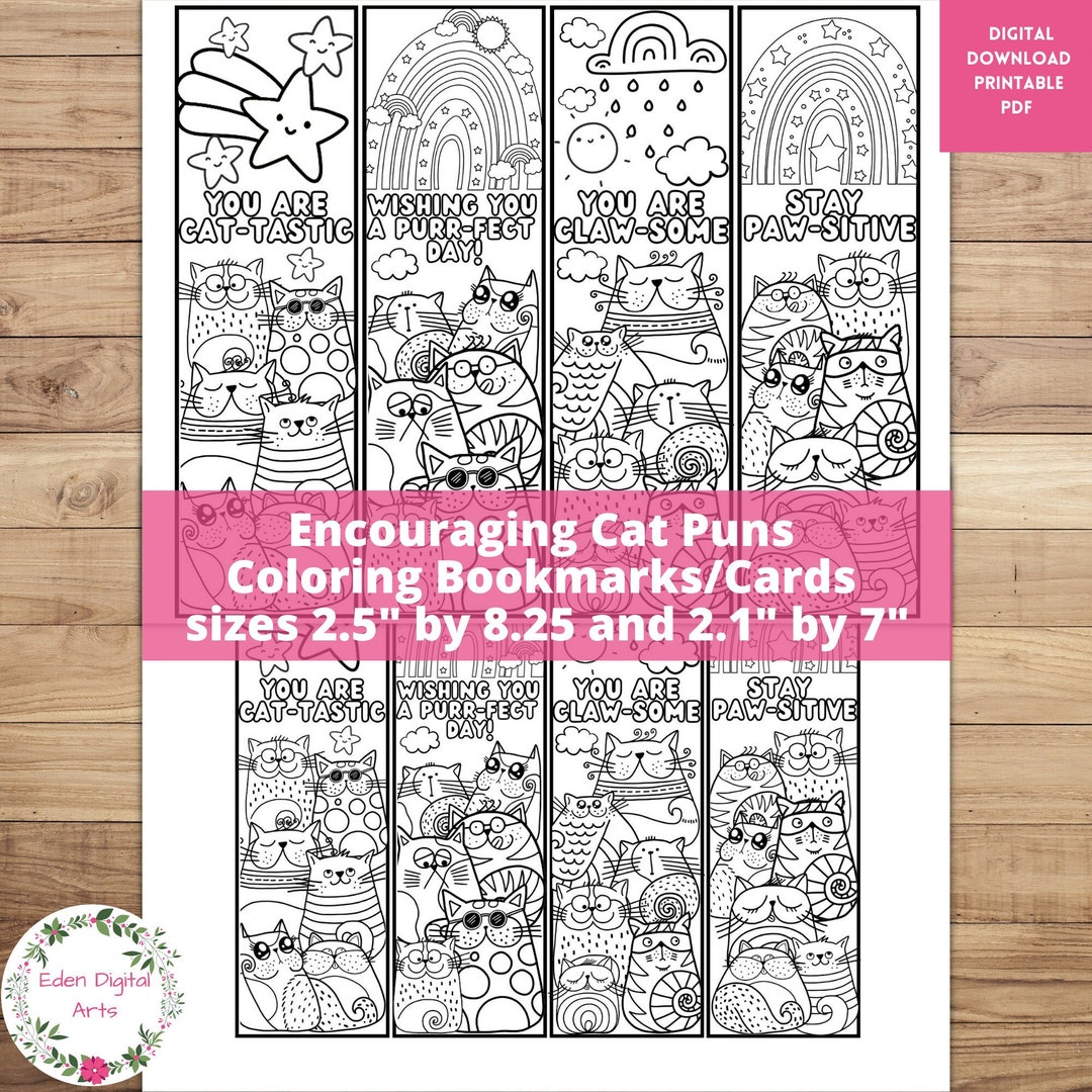 Cute Cat Puns Coloring Bookmarks for Kids & Adults, Encouraging Cat ...