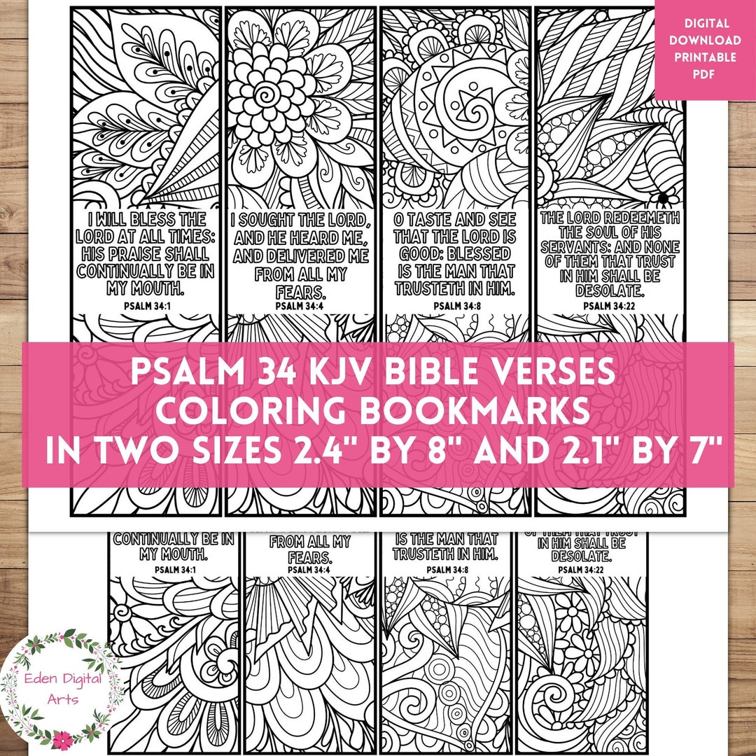 Psalm 34 Coloring Bible Verse Bookmarks, KJV Scripture Doodle Colouring ...