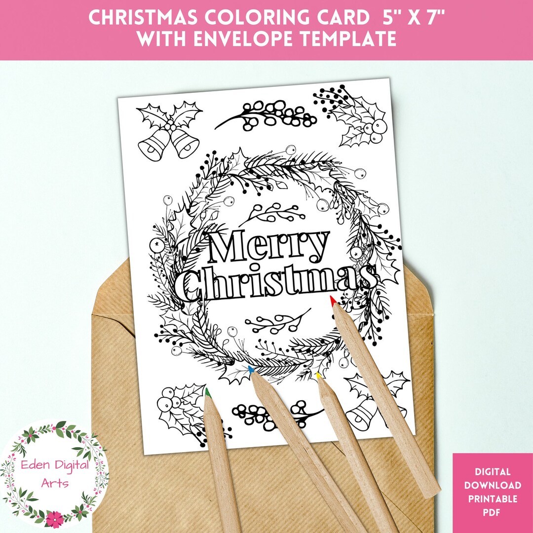 Merry Christmas Holly Wreath Coloring Greeting Card, Holiday Colouring ...