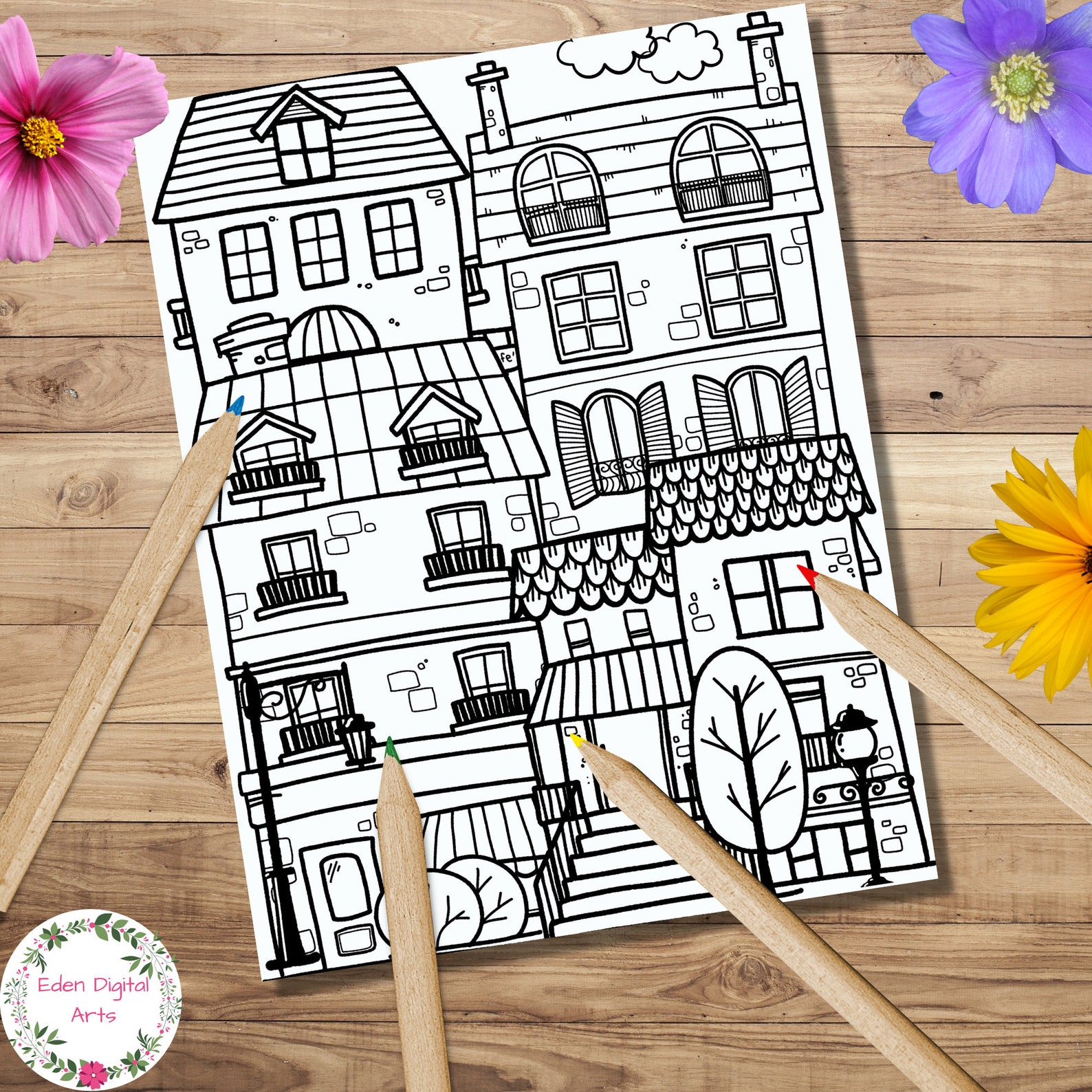 Cozy Town Homes 3 Coloring Pages Real Estate Kids Activity - Etsy