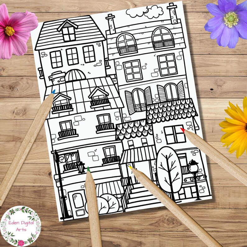 Cozy Town Homes 3 Coloring Pages Real Estate Kids Activity | Etsy