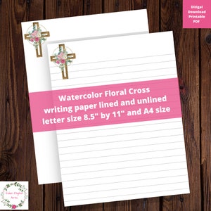 Floral Cross Writing Paper Printable Christian Stationery Lined and ...