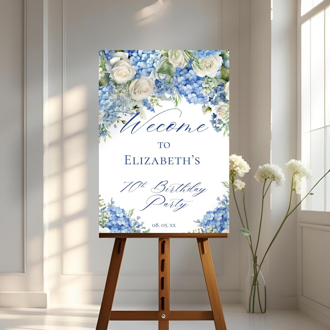 Elegant Blue Hydrangea Welcome Sign Template Editable Watercolor Floral ...