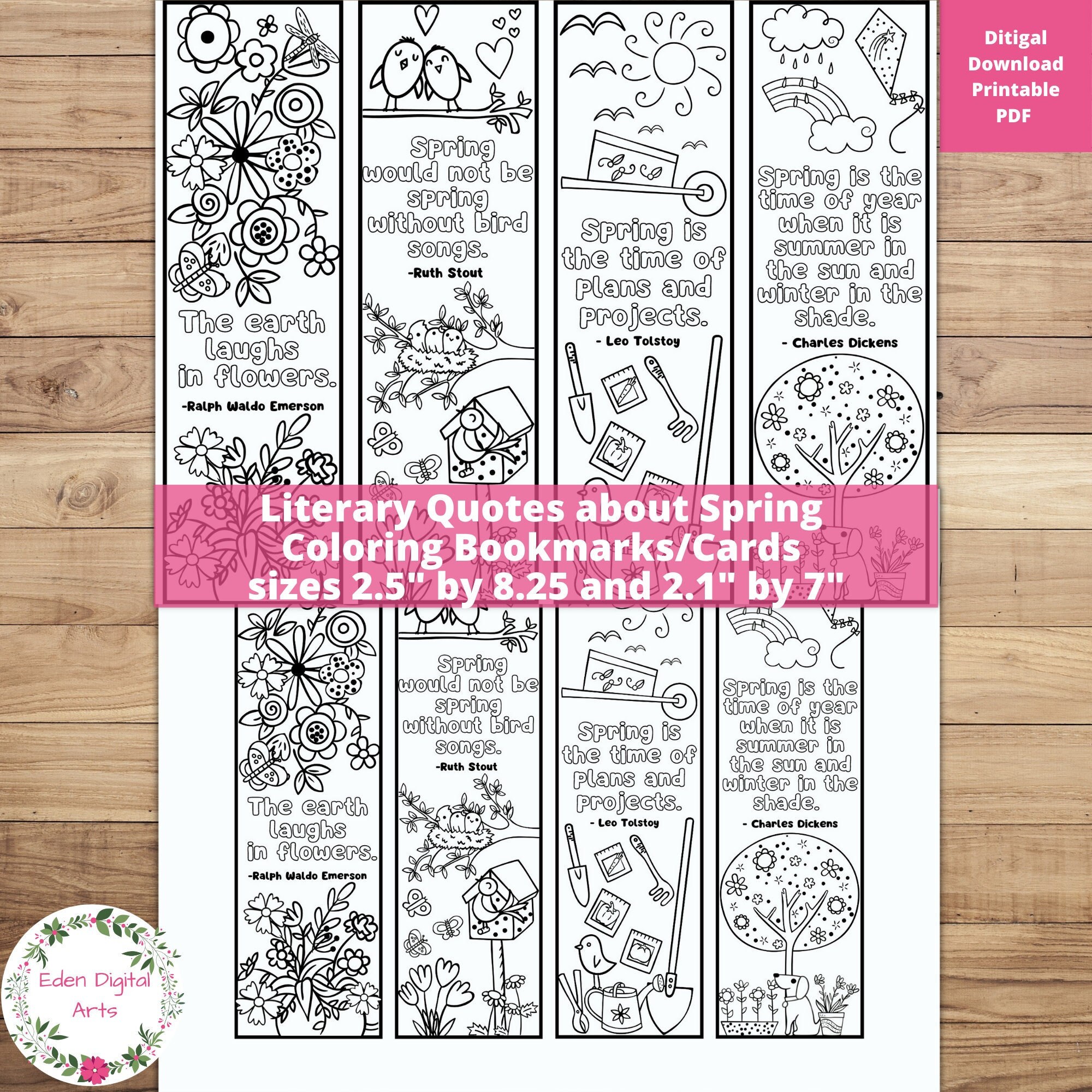 Literary Spring Quotes Coloring Bookmarks Gardner DIY Cards - Etsy