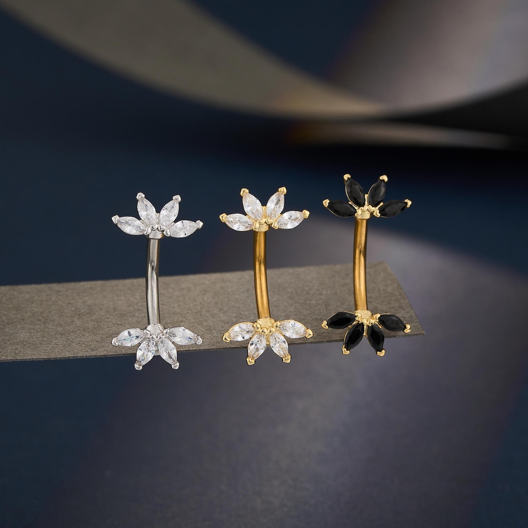 14G Lotus Shape CZ Belly Curved Barbell/navel Barbell/belly Barbell ...