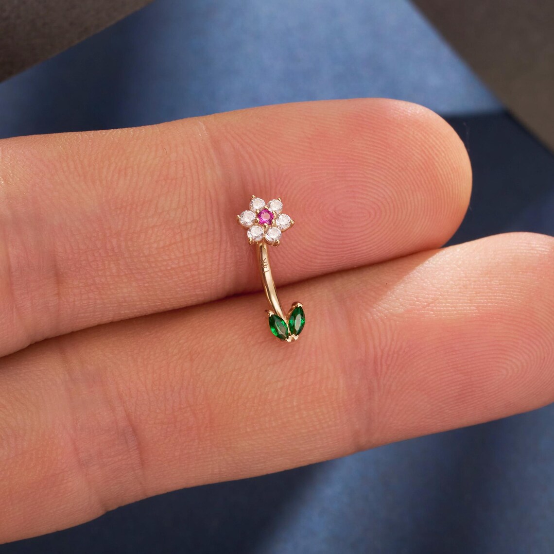 16G 14K Solid Gold Floral Ruby CZ Curved Barbell/rook Earring/eyebrow ...