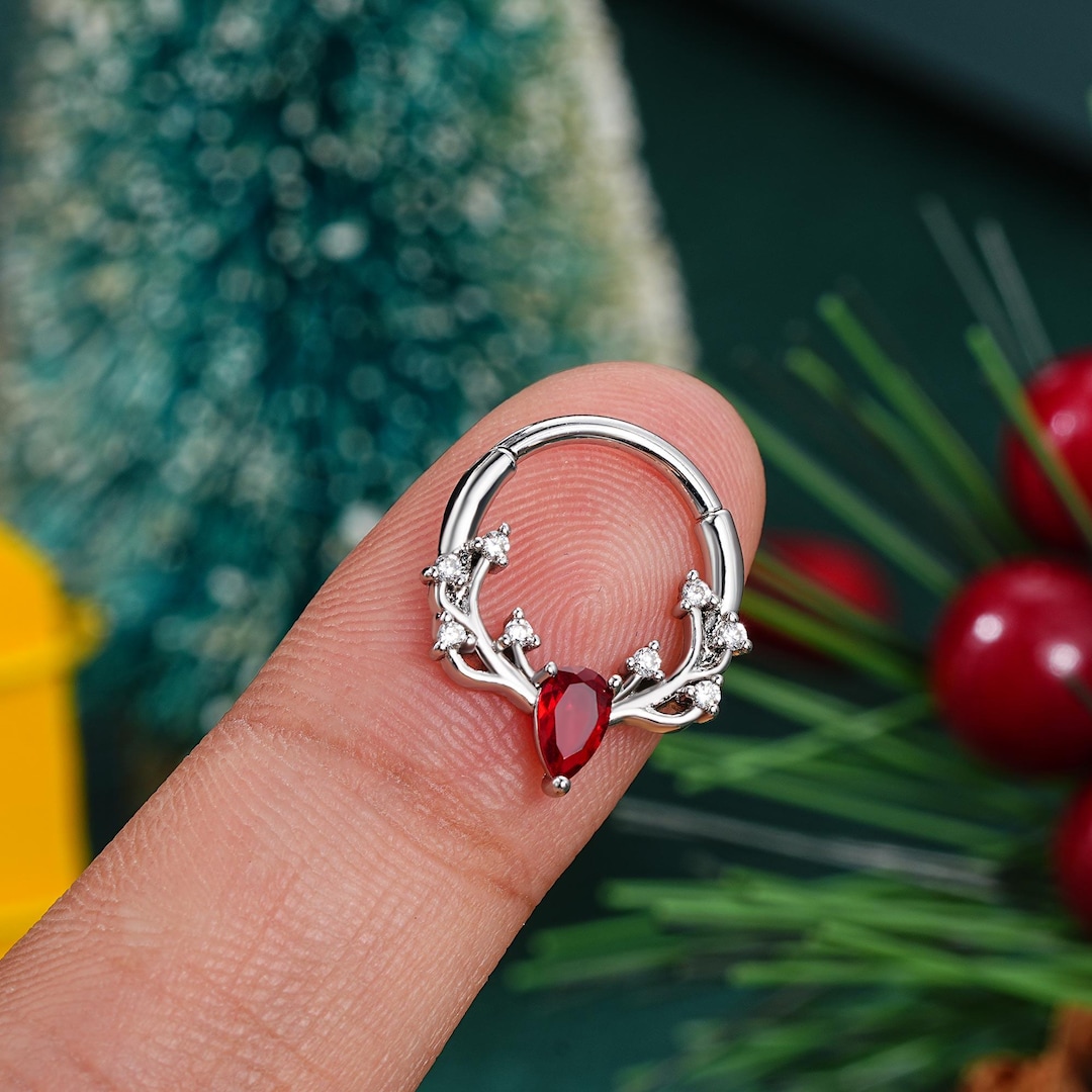 16G Antler Red CZ Septum Ring/daith Earring/emerald CZ Cartilage Hoop ...