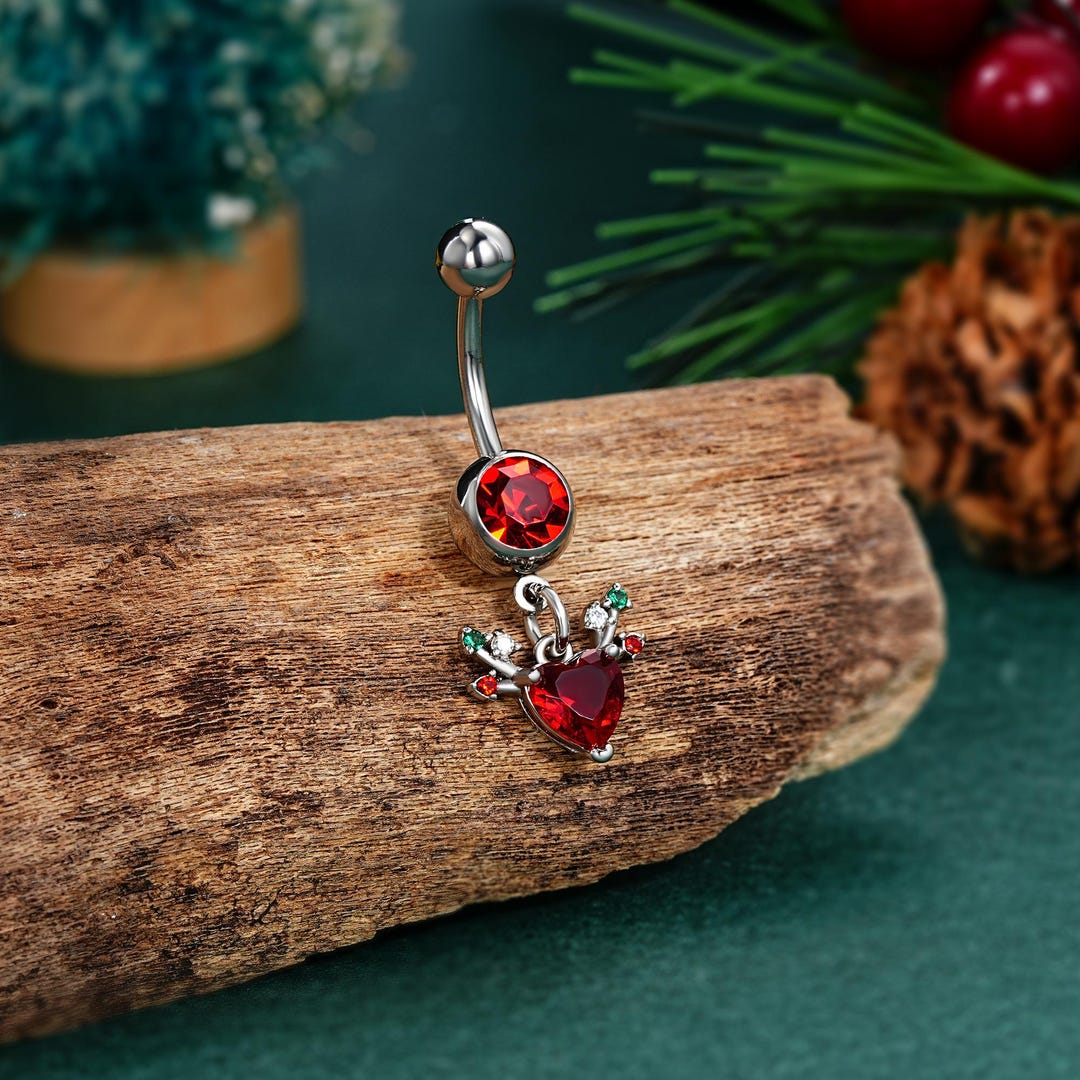 14G Christmas Dangle Ruby Belly Ring/curved Barbell/navel Barbell/belly ...