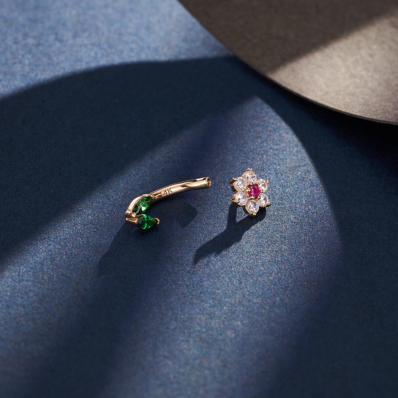 16G 14K Solid Gold Floral Ruby CZ Curved Barbell/rook Earring/eyebrow ...