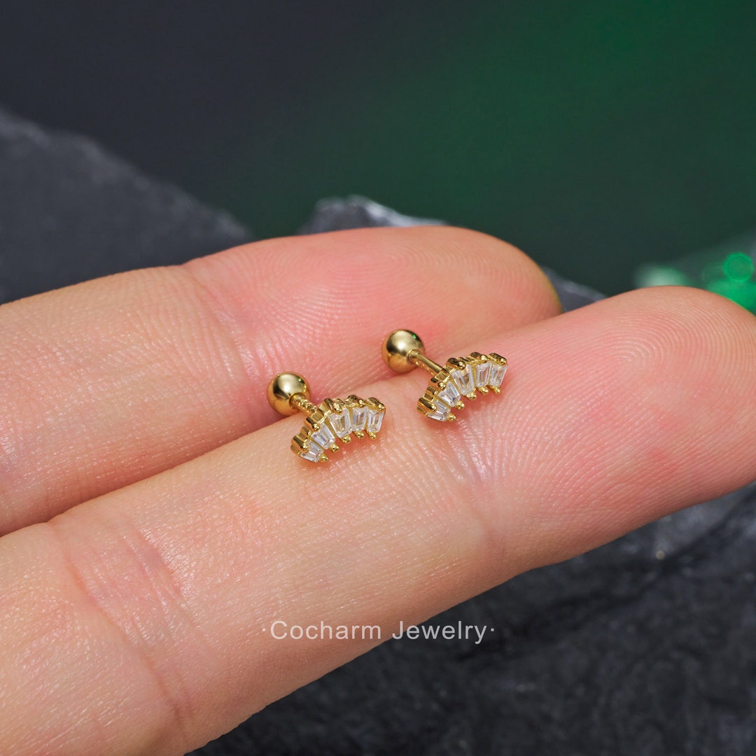 18g Gold Curved Helix Earring With Sparkly CZ, 925 Silver Stud Earrings ...