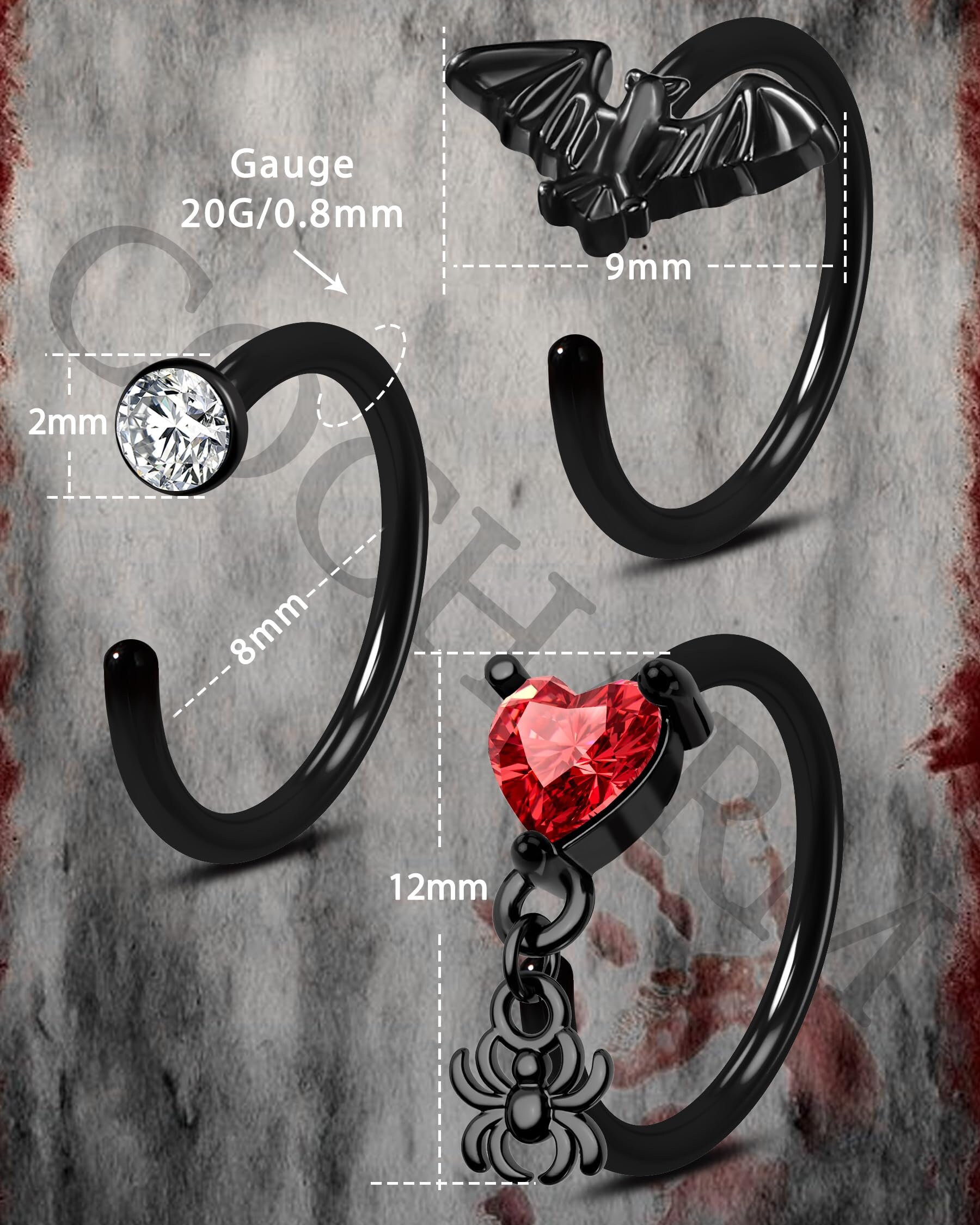 20G 3pcs Halloween Nostril Piercings/black Nose Rings/bat Nostril Rings ...