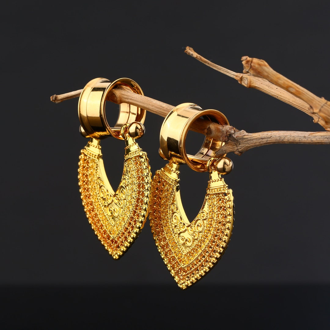 Pairs Gold Leaf Plug Earrings/vintage Dangle Gauges/plug and - Etsy