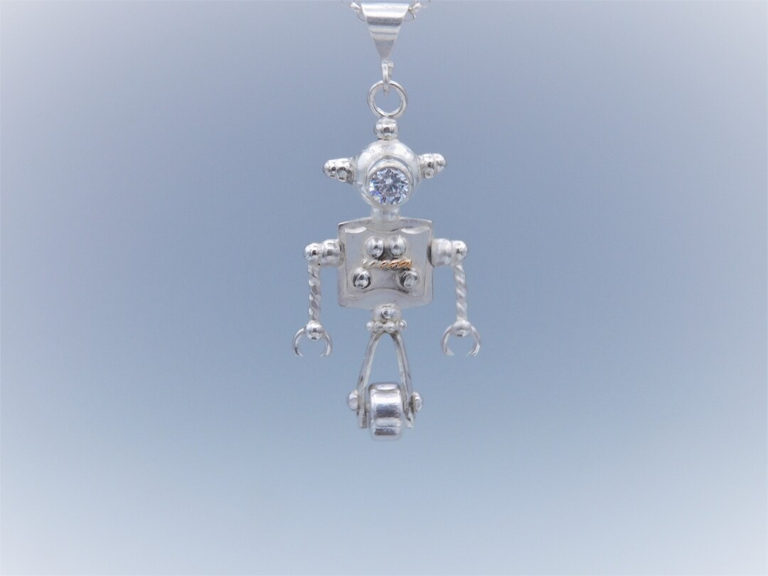Silver & Gold Robot Necklace, Handcrafted One of A Kind Sterling Silver ...