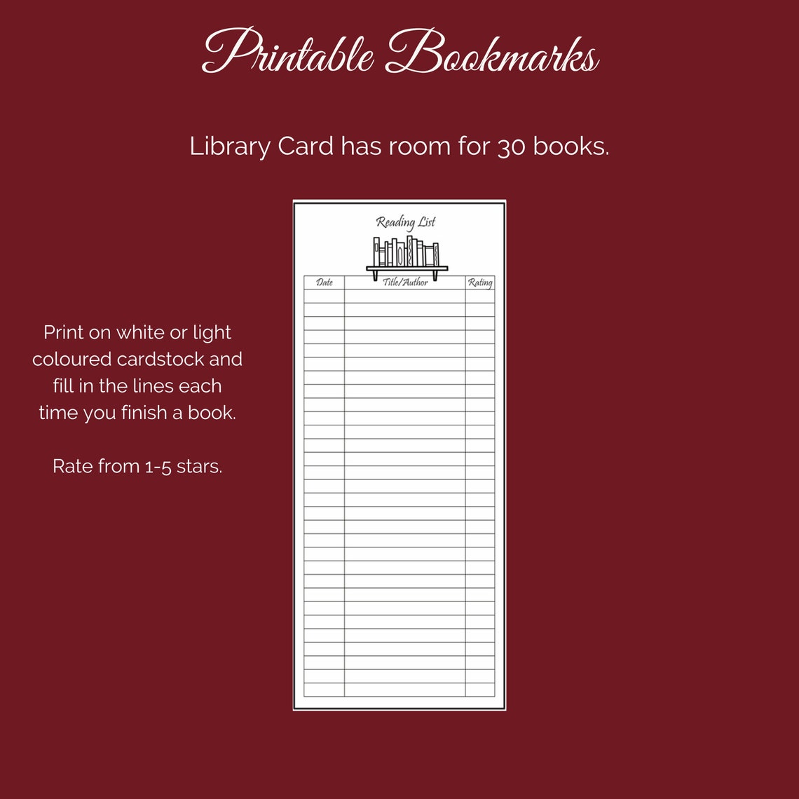 Printable Bookshelf Bookmark | Library Card Bookmark | Reading Tracker ...