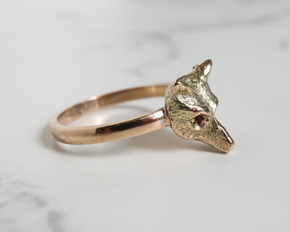 Antique Edwardian 9ct Gold Fox Head Ring - Gem