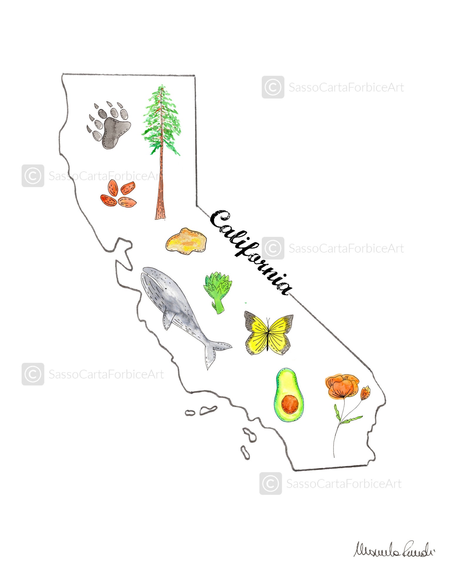 California Symbols Map Painting, Cali Map Print, State Watercolor Print ...