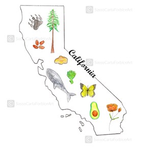 California Symbols Map Painting, Cali Map Print, State Watercolor Print ...