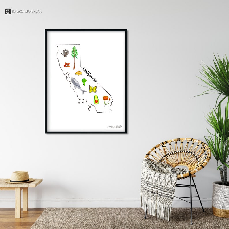 California Symbols Map Painting, Cali Map Print, State Watercolor Print ...